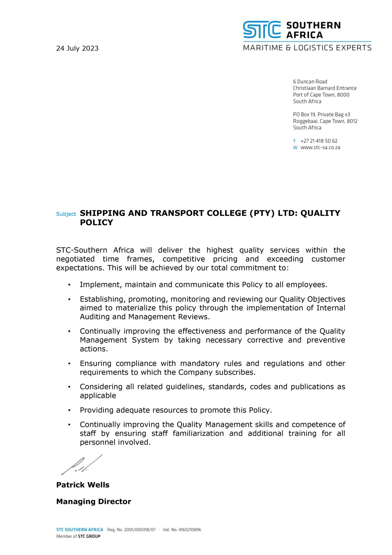 Quality Policy Statement - STC-SA
